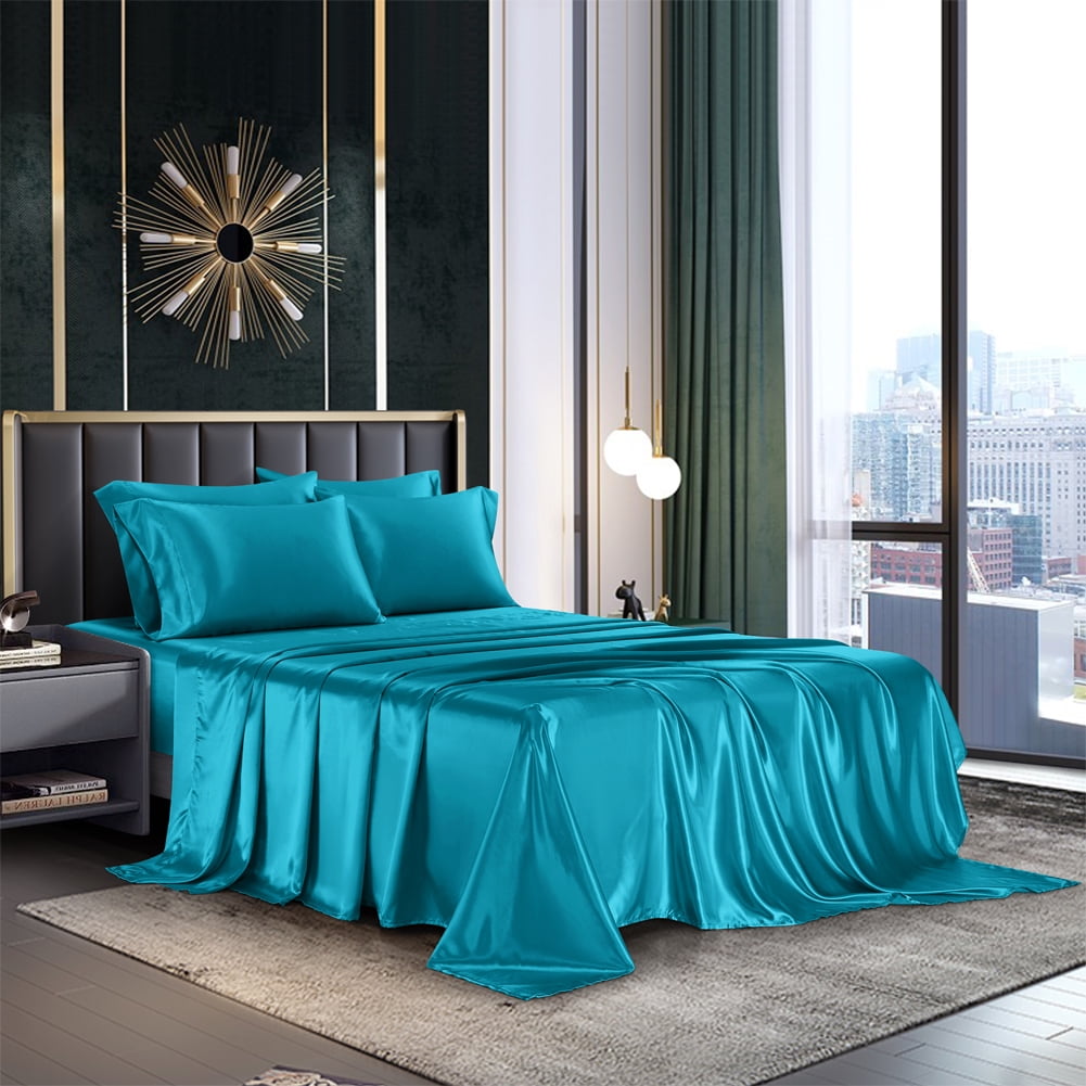AiMay 6pc Queen Size Satin Bedding Set, Teal, Deep Pocket, 1800 Series ...