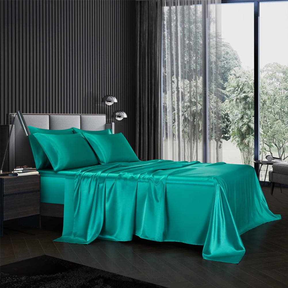 AiMay 6 Piece Satin Bedding Sheet Set Queen Size Turquoise Deep Pocket ...