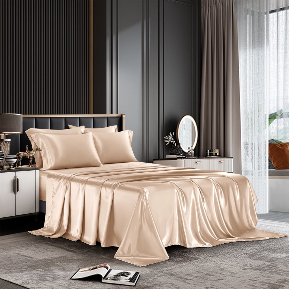 AiMay 6-Piece 600 Thread Count Taupe Lustered Satin Bed Sheet Sets ...