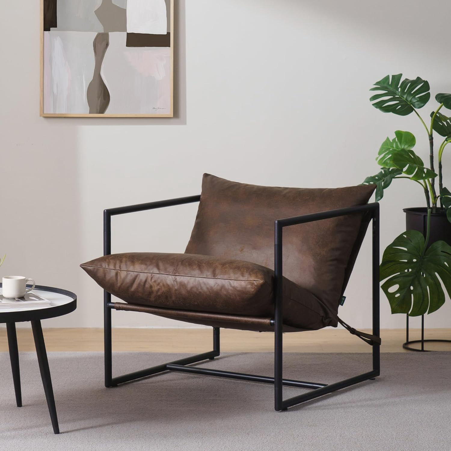 Aidan Faux Leather Sling Accent Chair, Metal Framed Armchair with ...