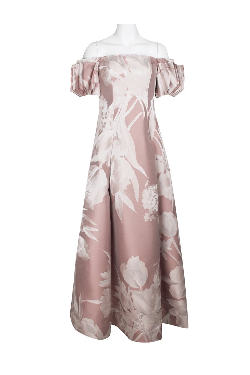 Aidan Mattox Off Shoulder Pleated Sleeve Zipper Back Box Pleat Floral ...