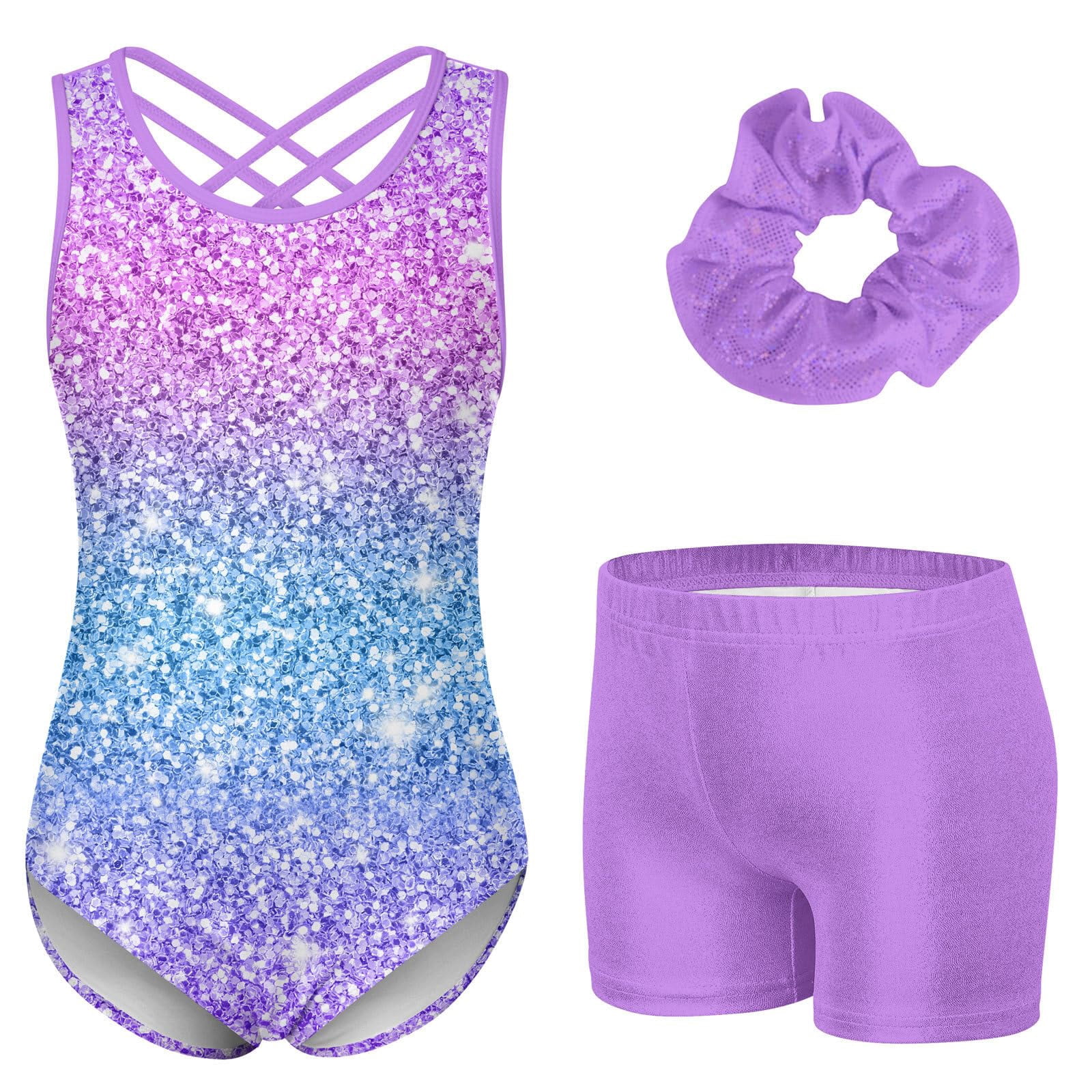 Aideaone Gymnastics Leotards for Girls Shiny outfits with Shorts Hair ...