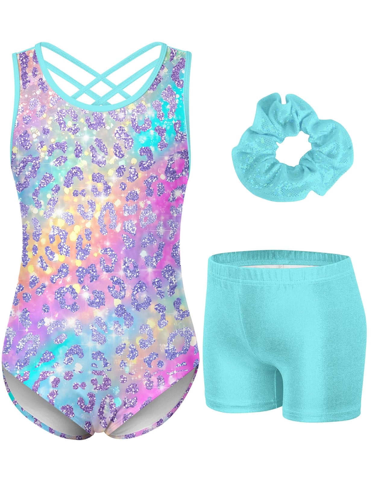 Aideaone Gymnastics Leotards for Girls Shiny outfits with Shorts Hair ...