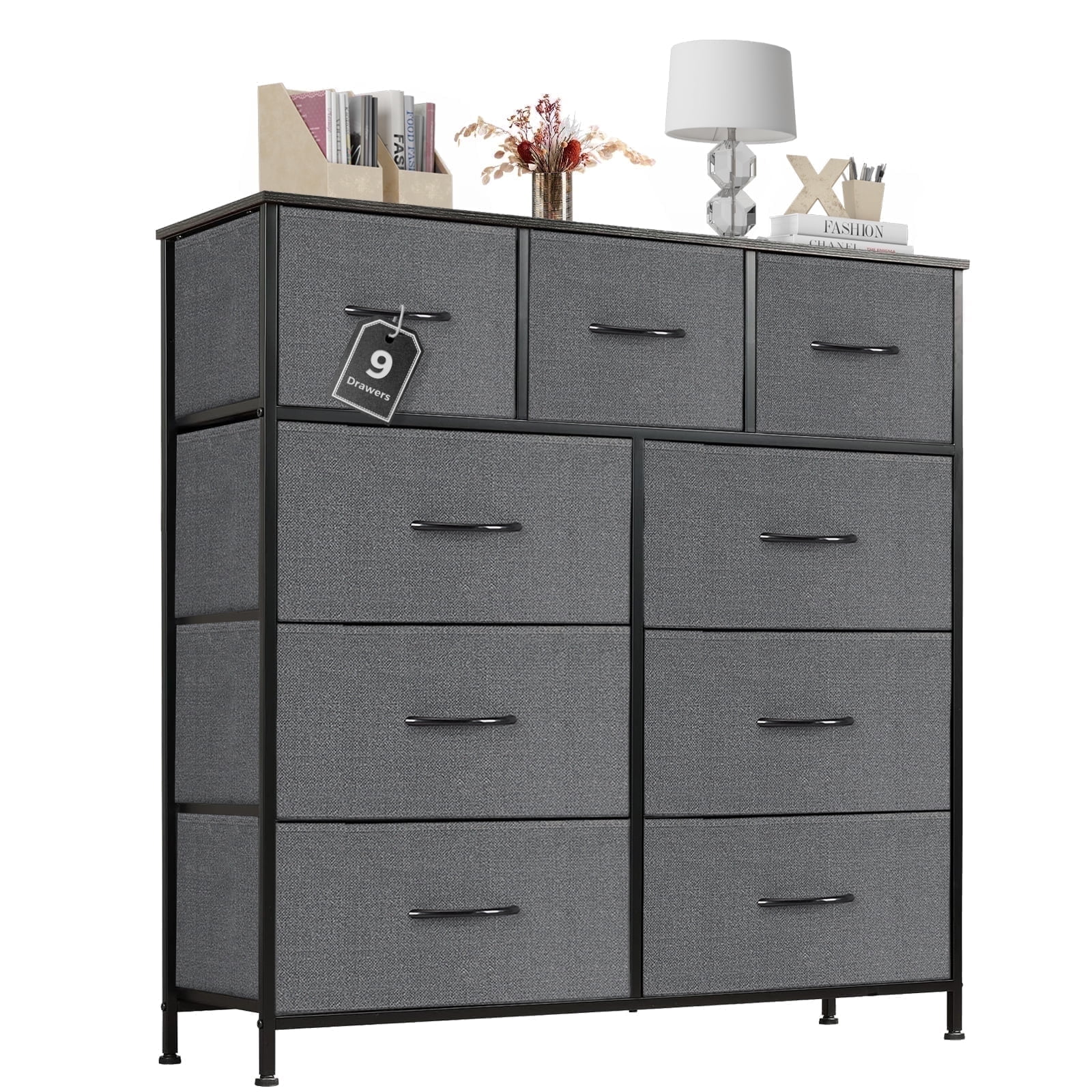 Aidoly 9-Drawer Dresser with Wooden Top, Adjustable Feet, Sturdy Metal Frame Dressers for ...