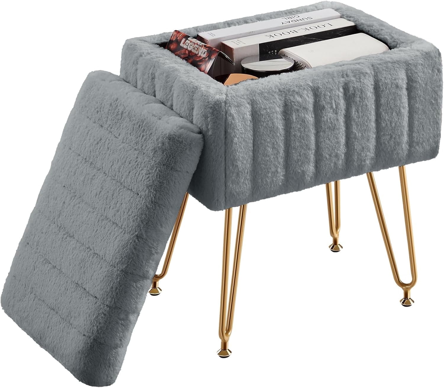 Aidoly Plush Vanity Stool with Hidden Storage - Adjustable Feet ...