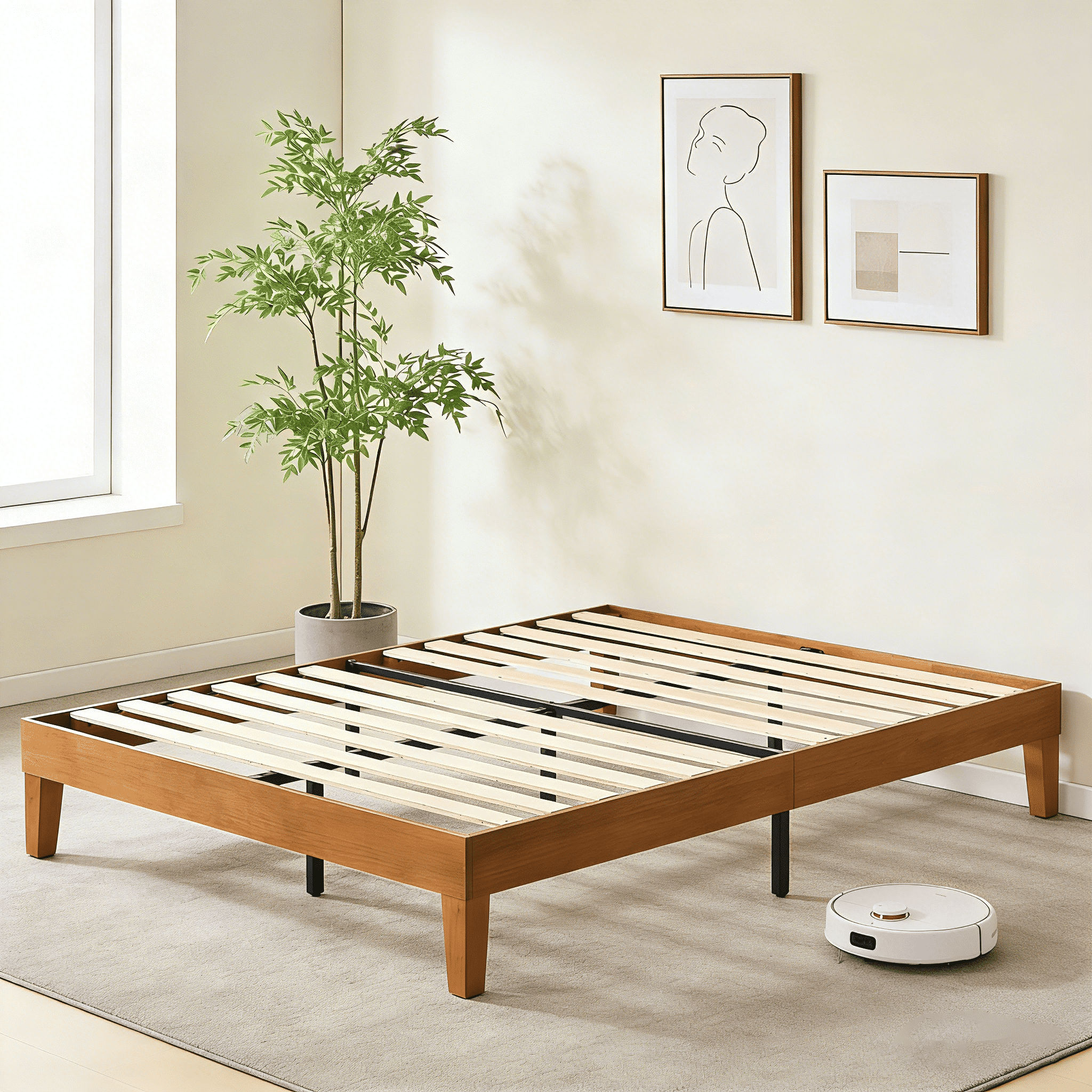 Aidoly Solid Hardwood Bed Frame Queen Size with Minimalist Design ...