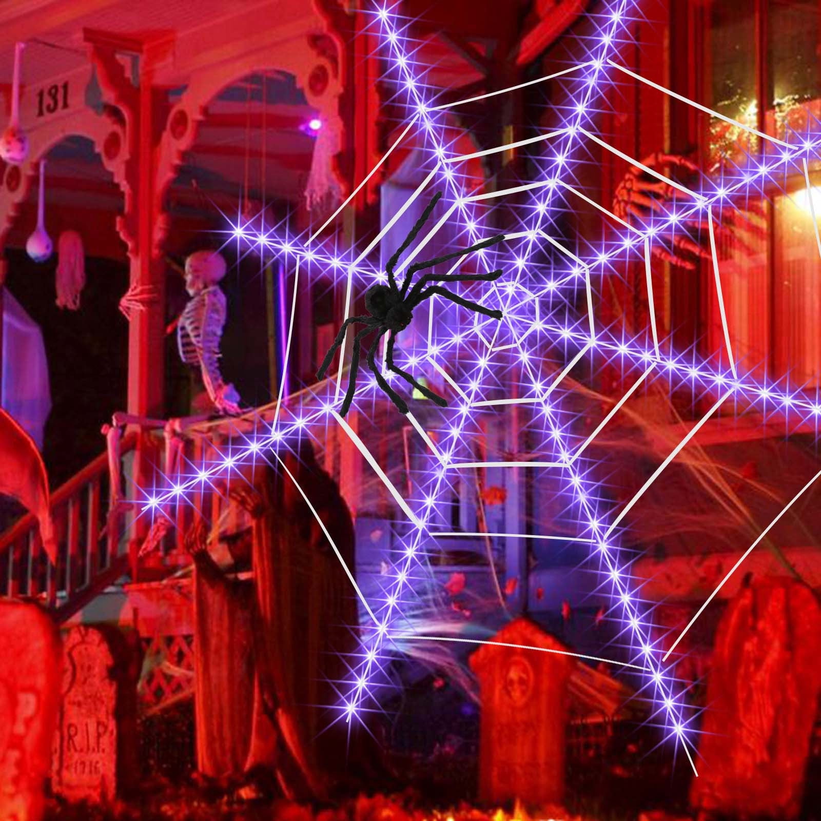 Aidoshy Spider Webs Halloween Decorations Lights, 2024 120LED 12ft ...