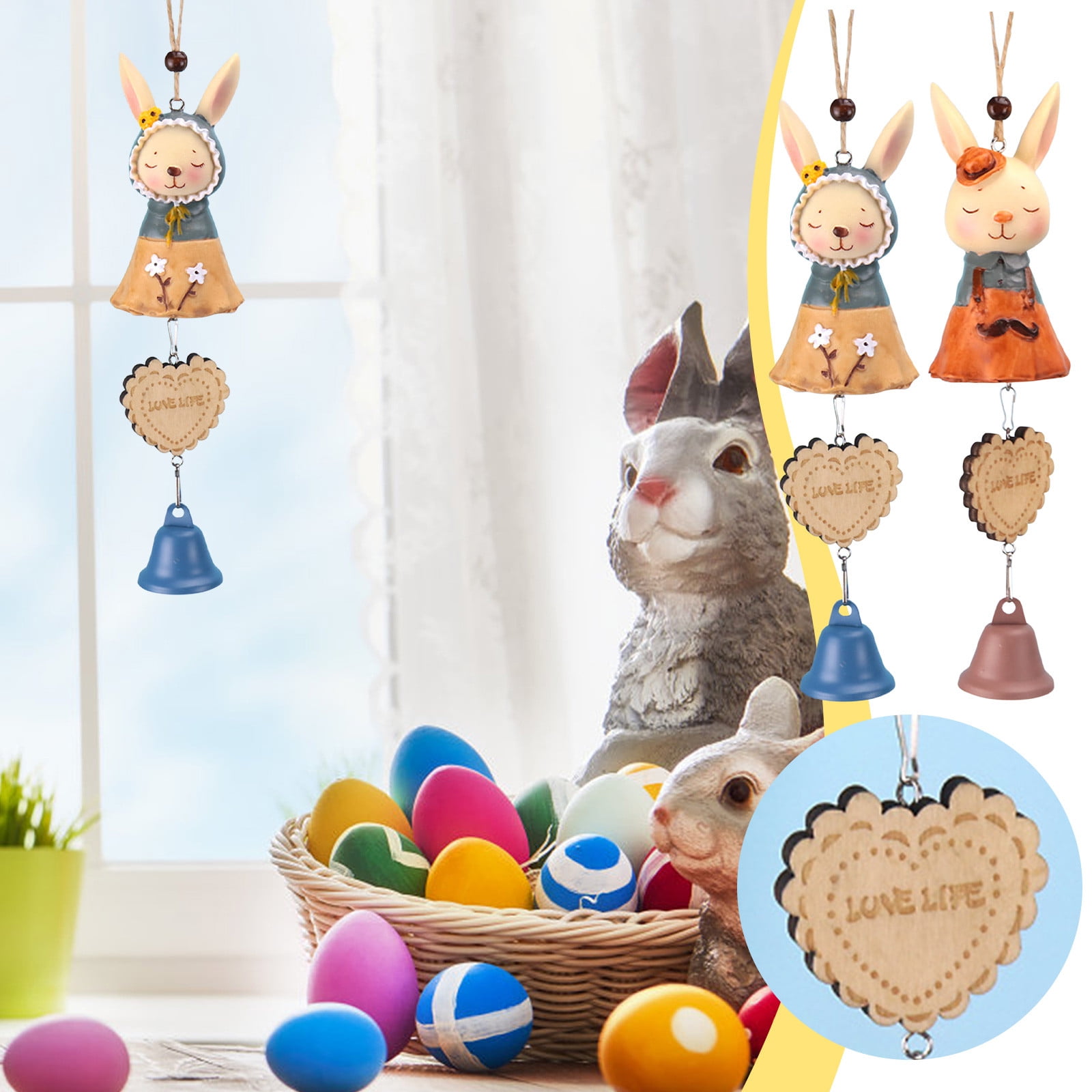 Aihimol Wooden Couple Bunny Hanging Wind Bell Pendant,Easter Cartoon ...