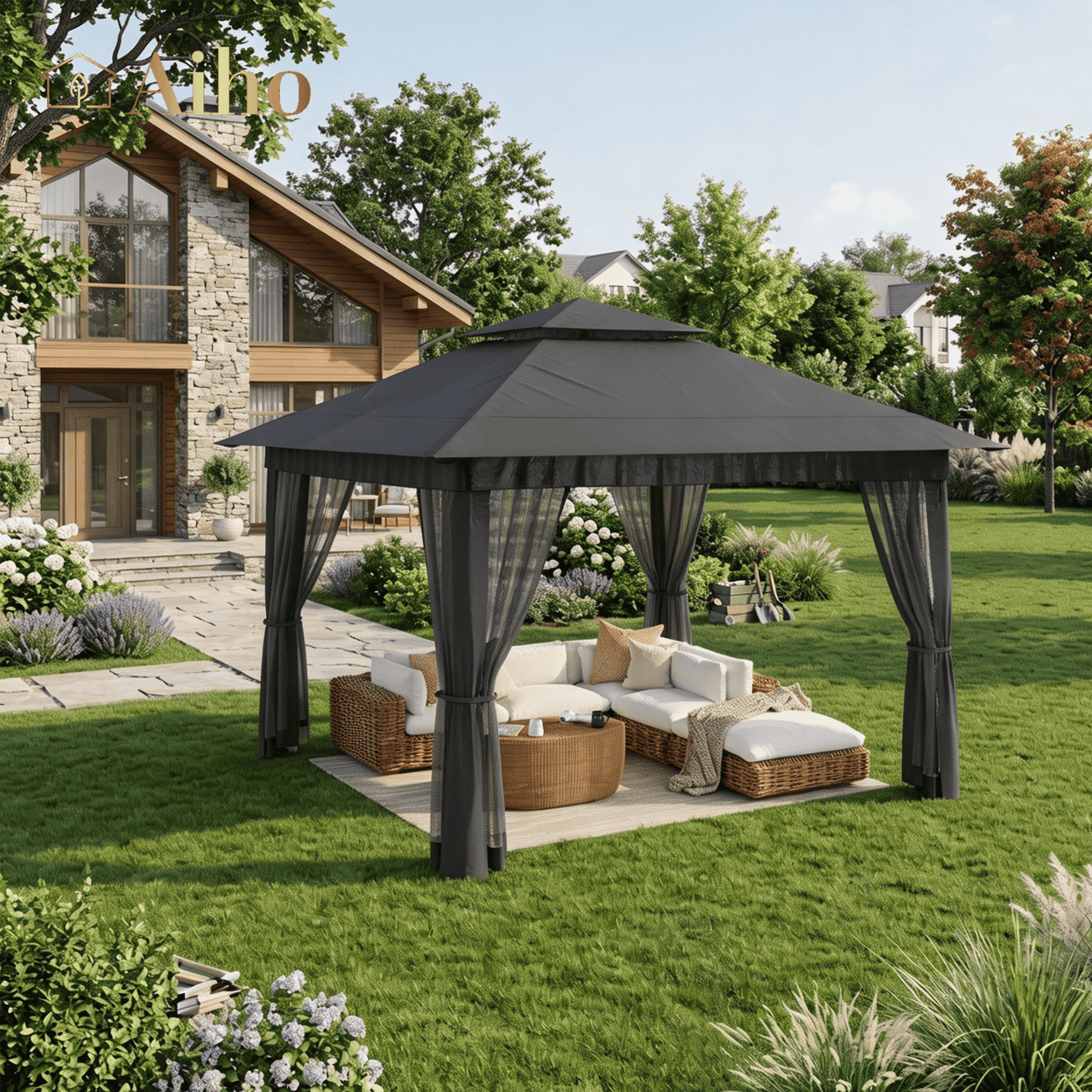 Aiho 11 x 11 ft Patio Pop up Canopy Gazebo, Outdoor Foldable Canopy ...