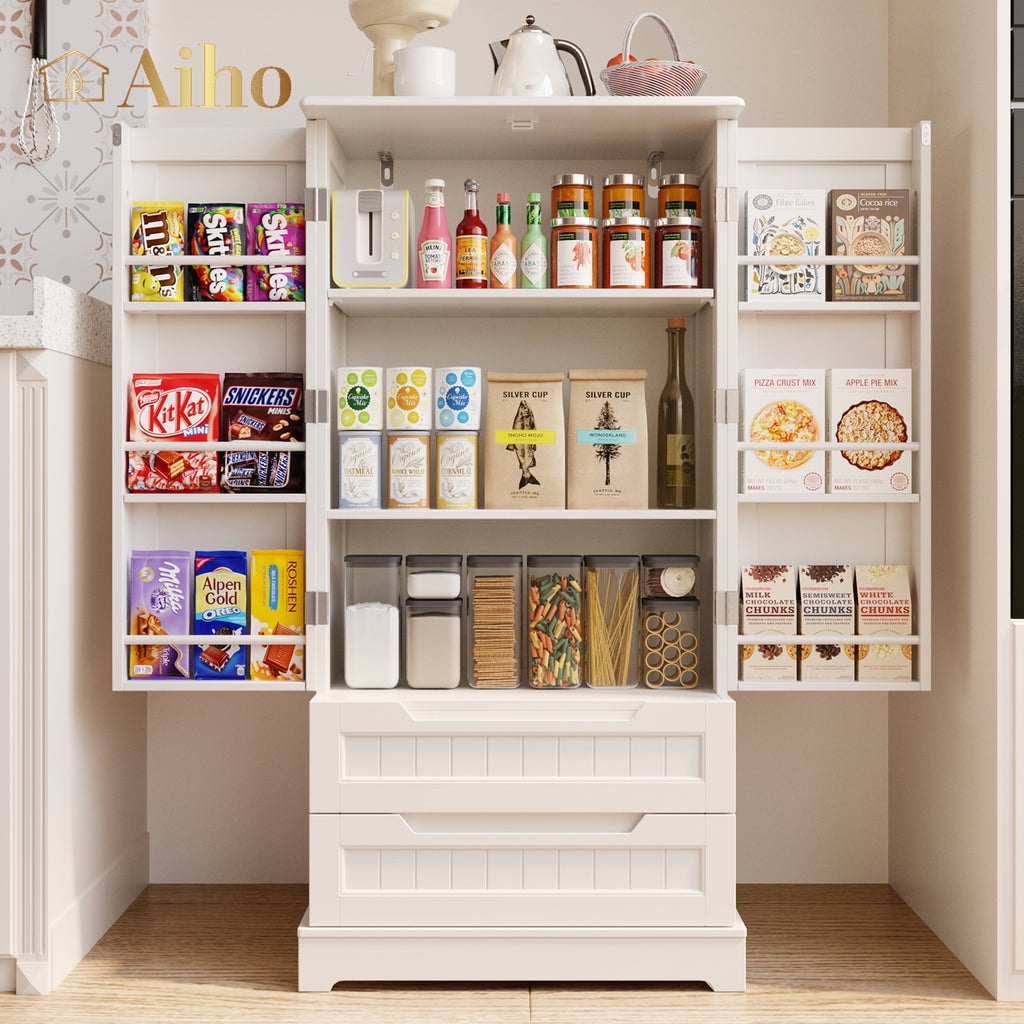 Aiho 47 H Kitchen Pantry Cabinet with 2 Doors and 2 Drawers Solid Sturdy Storage Cabinet for Entryway Kitchen White