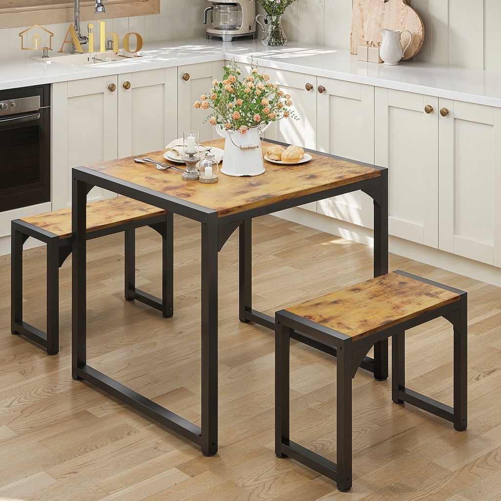 Aiho 25.6" Dining Table Set for 2, Kitchen Table with 2 Stools, Wood ...