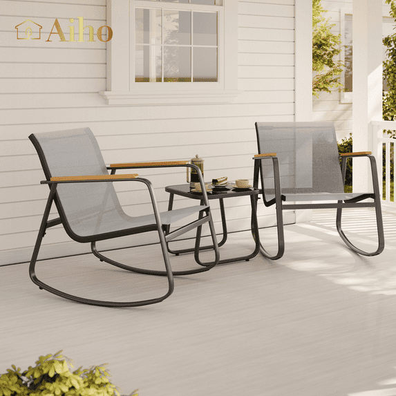 Aiho 3 Piece Outdoor Rocking Bistro Set, Textilene Fabric Small Patio ...