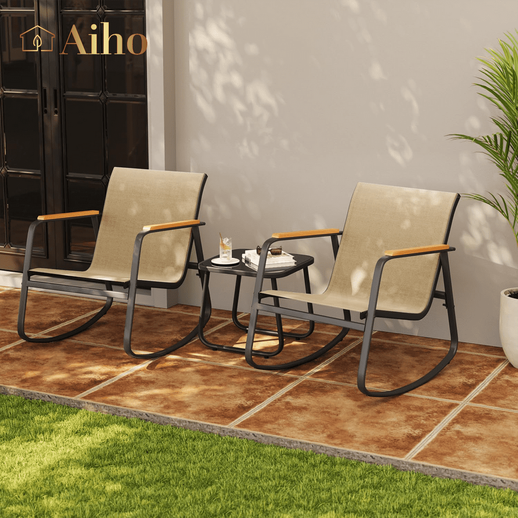 Aiho Outdoor Rocking Chairs Set of 3 with Breathable Textilene, Outdoor ...