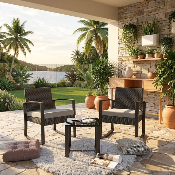 Aiho 3-Piece Rattan Rocking Set–Outdoor Patio Conversation Furniture ...