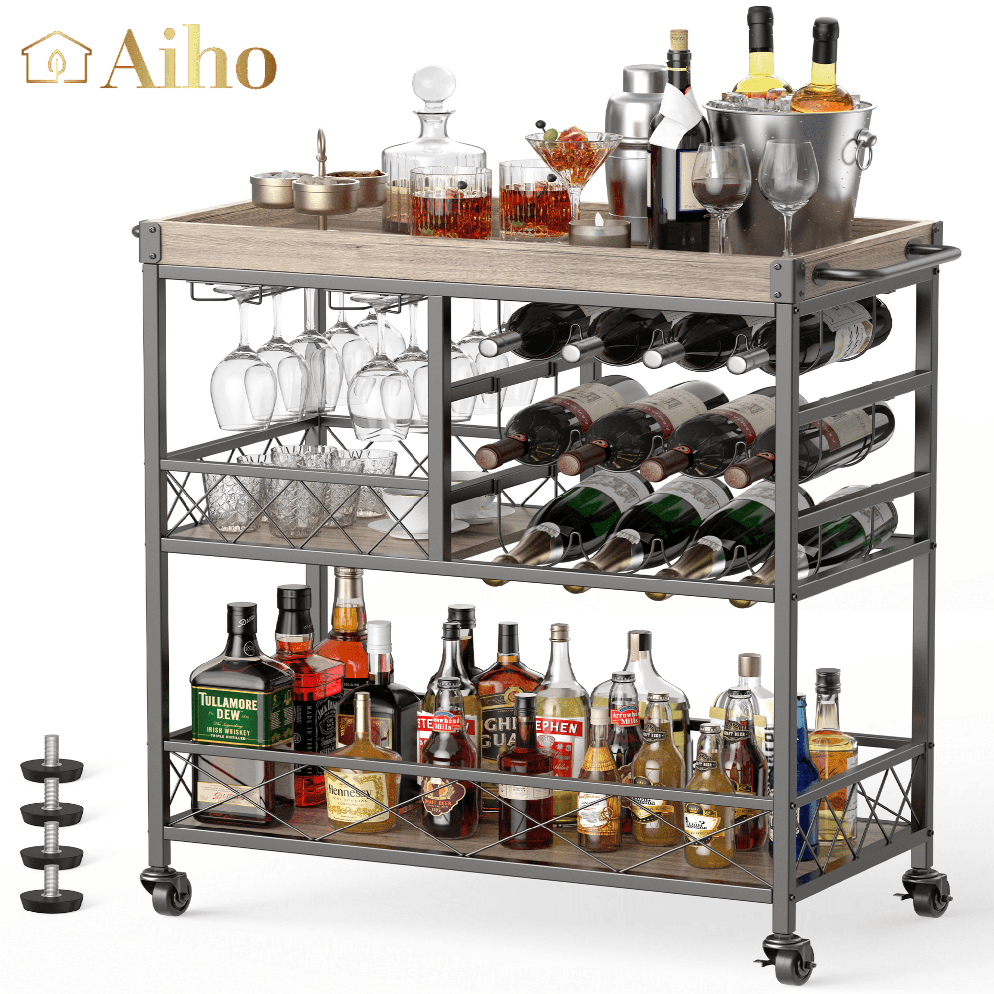 "Aiho 3 Tier 38""H Metal Bar Serving Cart with Lockable Wheels, 12 Wine ...