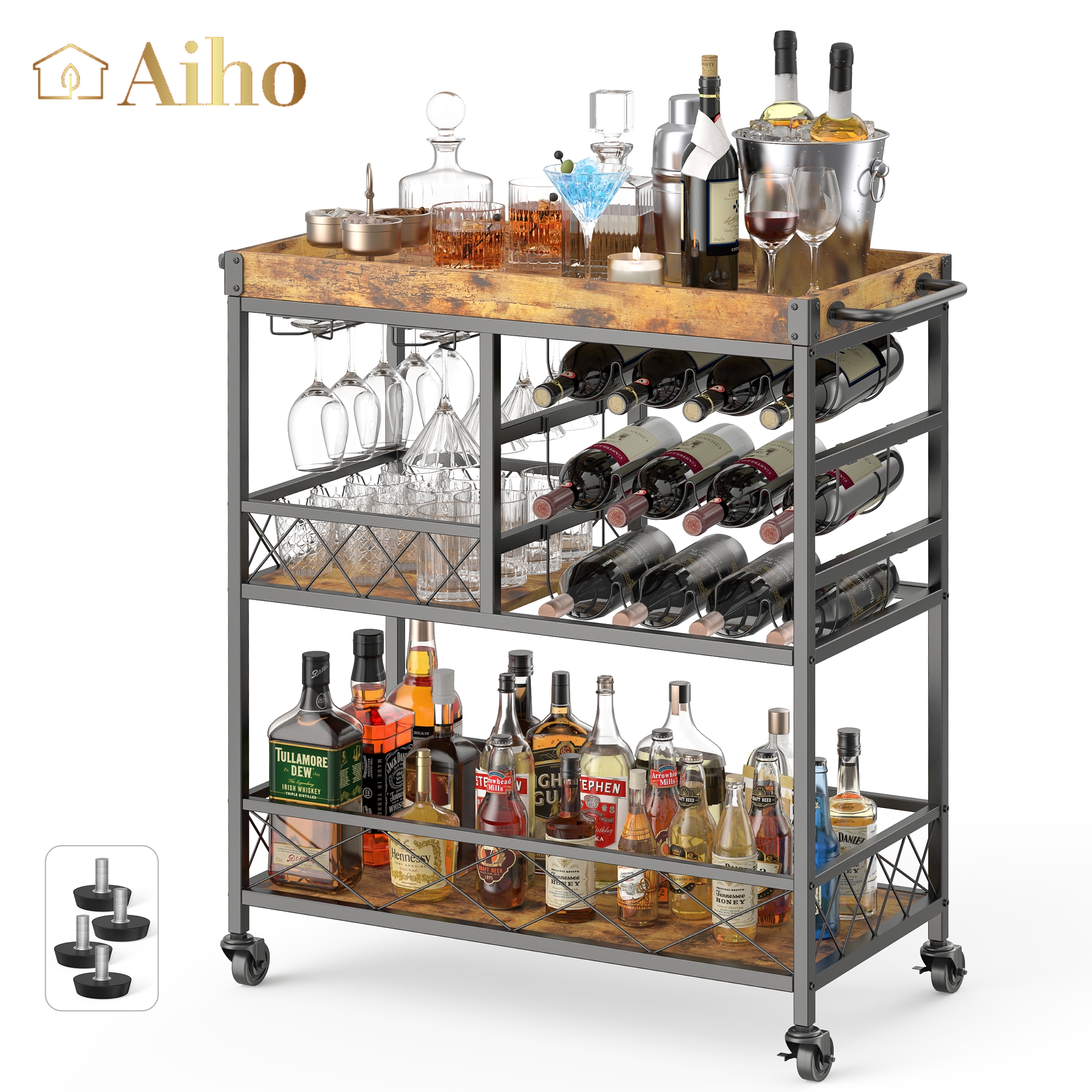 Aiho 3 Tier 38 "H Metal Home Bar Serving Cart with Lockable Wheels and ...