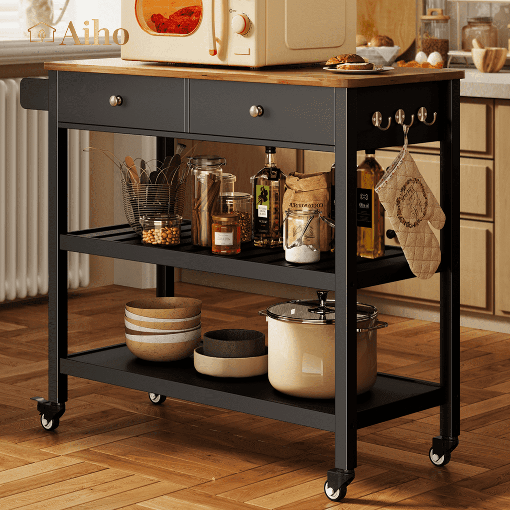"Aiho 36"" Black Kitchen Island Cart, 2-Tier Shelves, Storage Cabinet ...