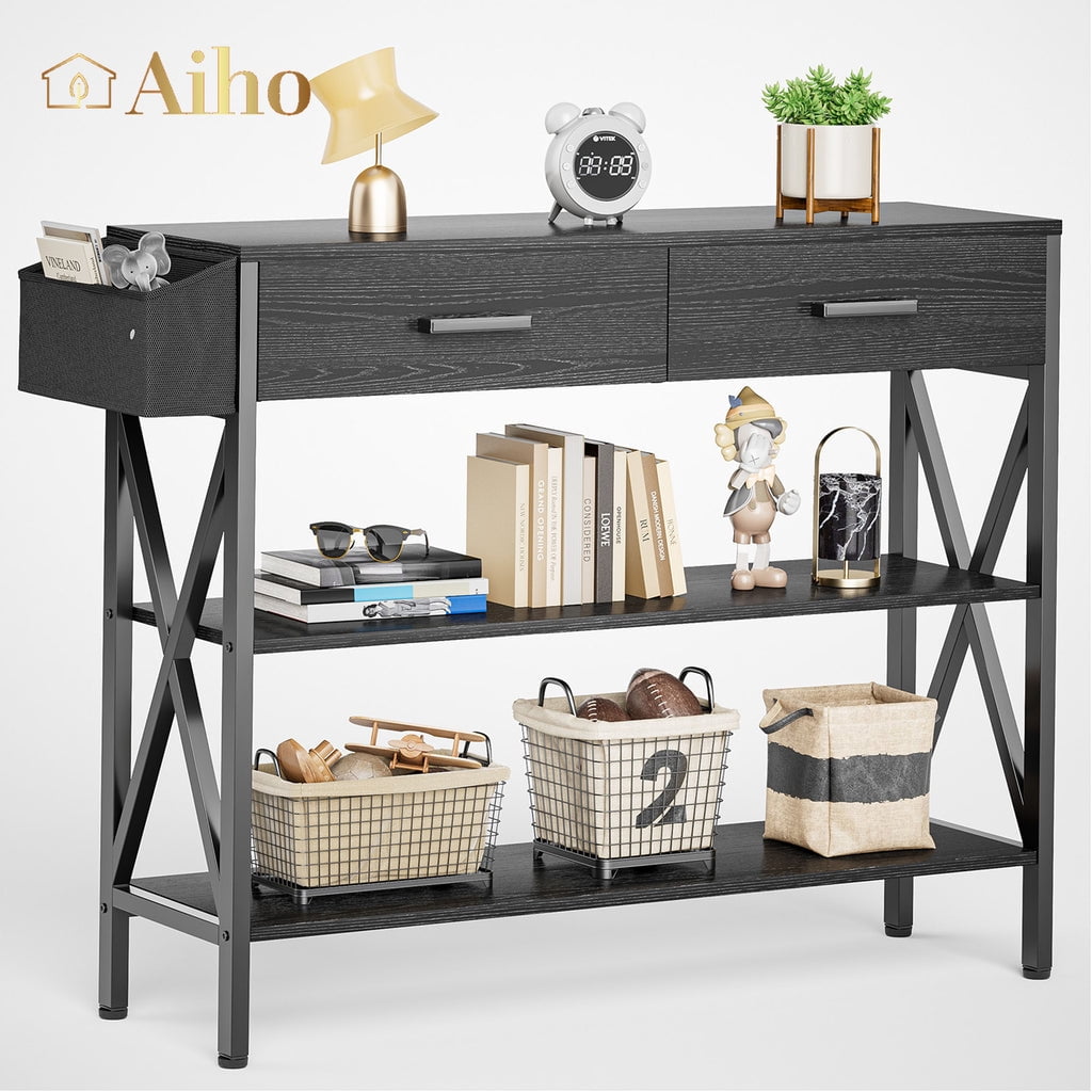 Aiho 39" L Console Table with Drawers, Storage Shelves, Black, Entryway ...