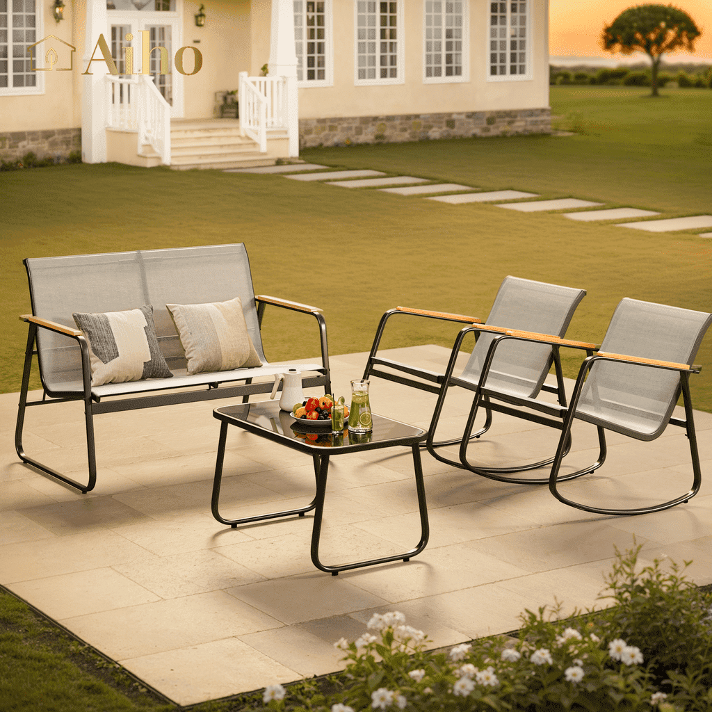 Aiho 4 Piece Outdoor Rocking Bistro Set, Textilene Fabric Small Patio ...