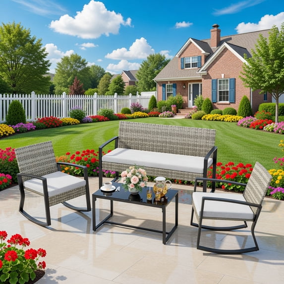 Outdoor Conversation Set, 4-Piece All-Weather Rattan Patio Set ...