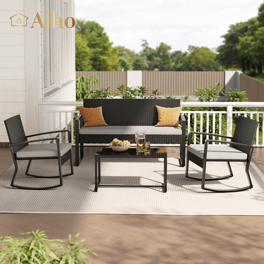 Aiho 4 Pieces Patio Furniture Set, Rocking Rattan Conversation Set with ...