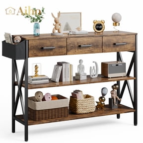 Asofer Wooden Sofa Table with 3 Drawers Black Entryway Storage Console ...
