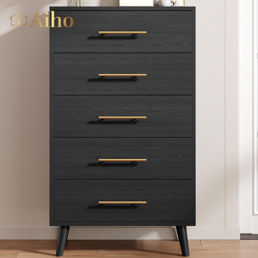 Aiho 5 Drawer Dresser, Tall Chest of Drawers Nightstand Storage Tower ...