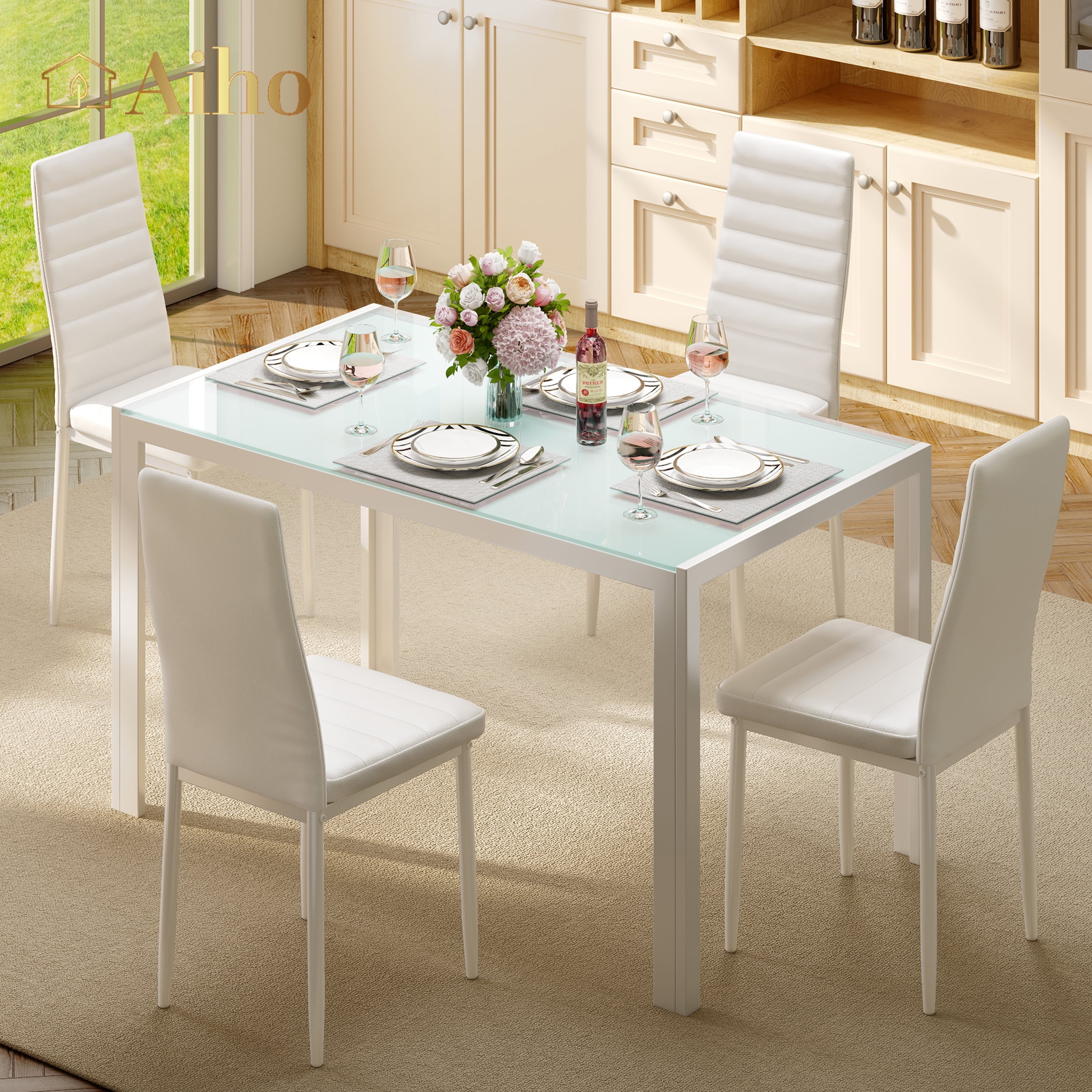 Aiho 5-Piece Tempered Glass Rectangular Dining Table and Chairs Set for ...