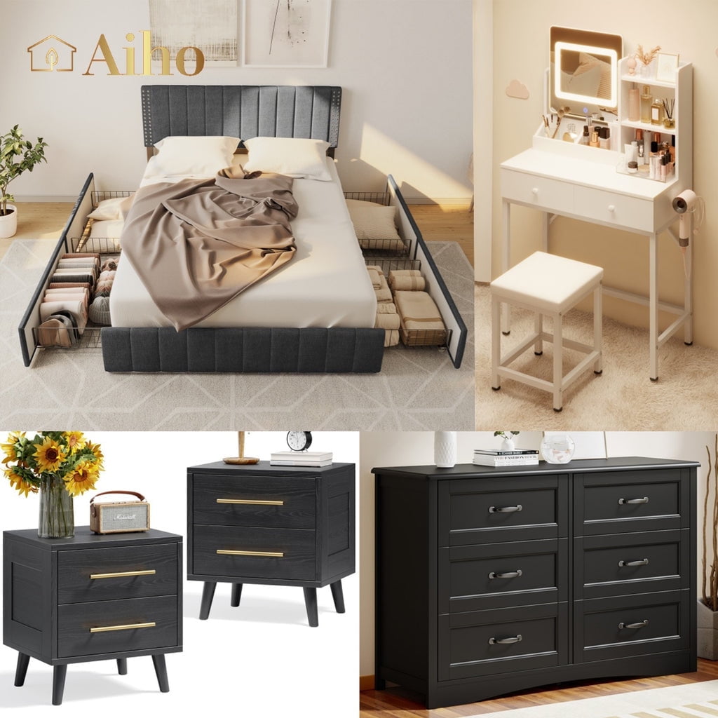 Aiho 5 Pieces Bedroom Furniture Set, Includes Queen Bed Frame with ...