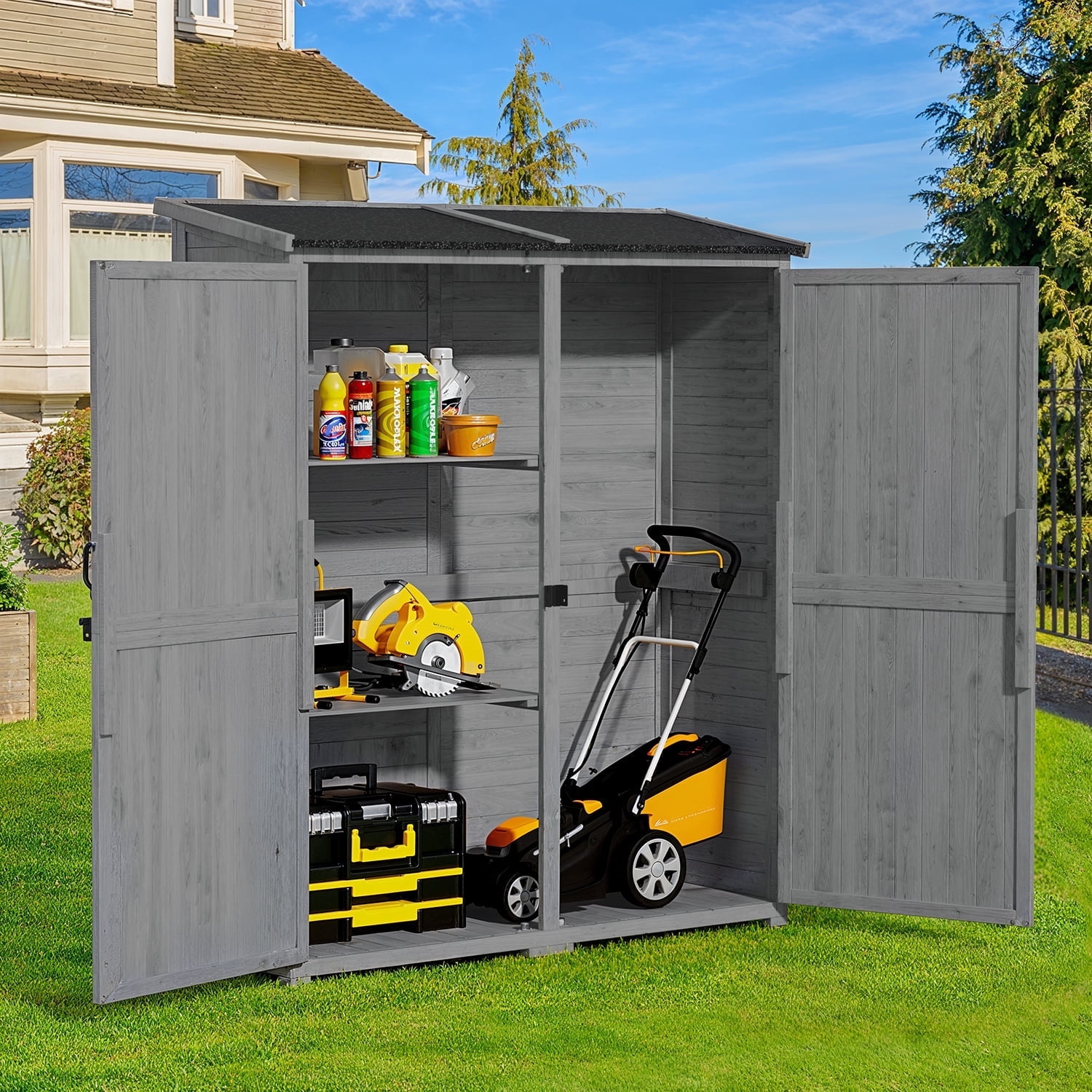 Aiho 55” Wide Outdoor Storage Shed with Lockable Double Doors - Weather ...