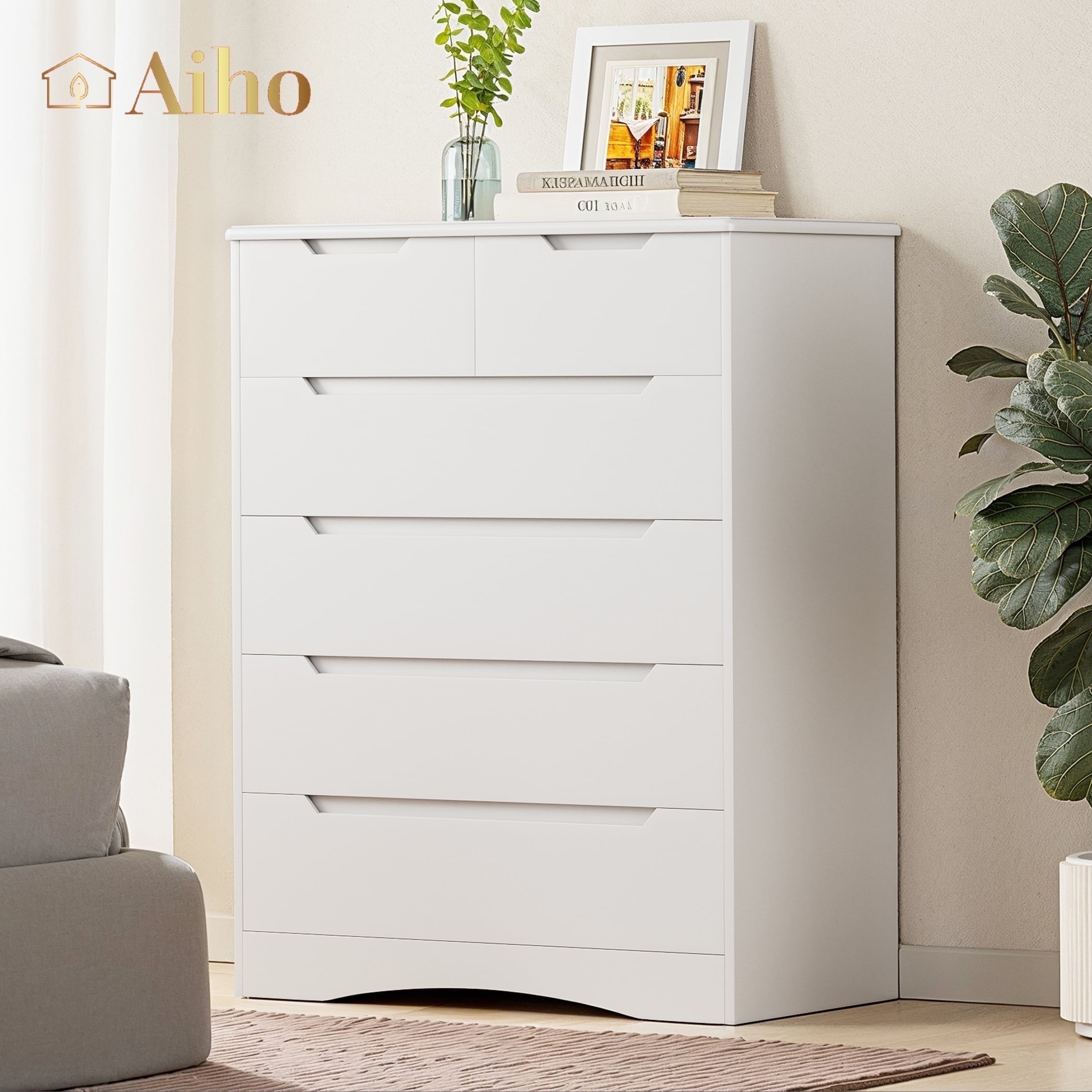 Aiho 6 Drawer Dresser with Cutout Handles, Wood Storage Cabinet for ...