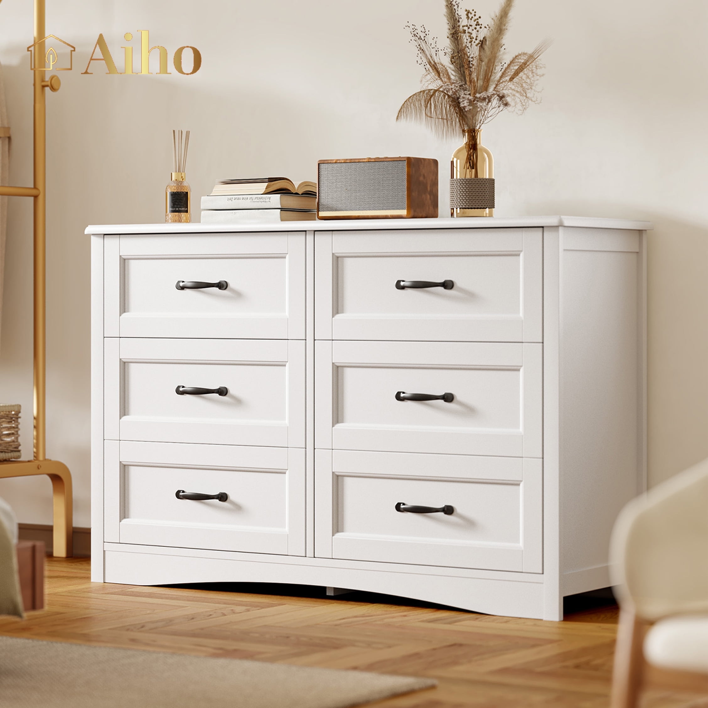 Aiho 6 Drawer Solid Wood Dresser, Wide Chest of Drawers for Living Room ...