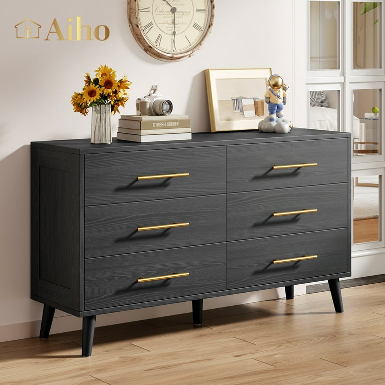 Aiho Solid Modern 6 Drawer Wood Dresser Wide Chest with Gold Handles Black Walmart