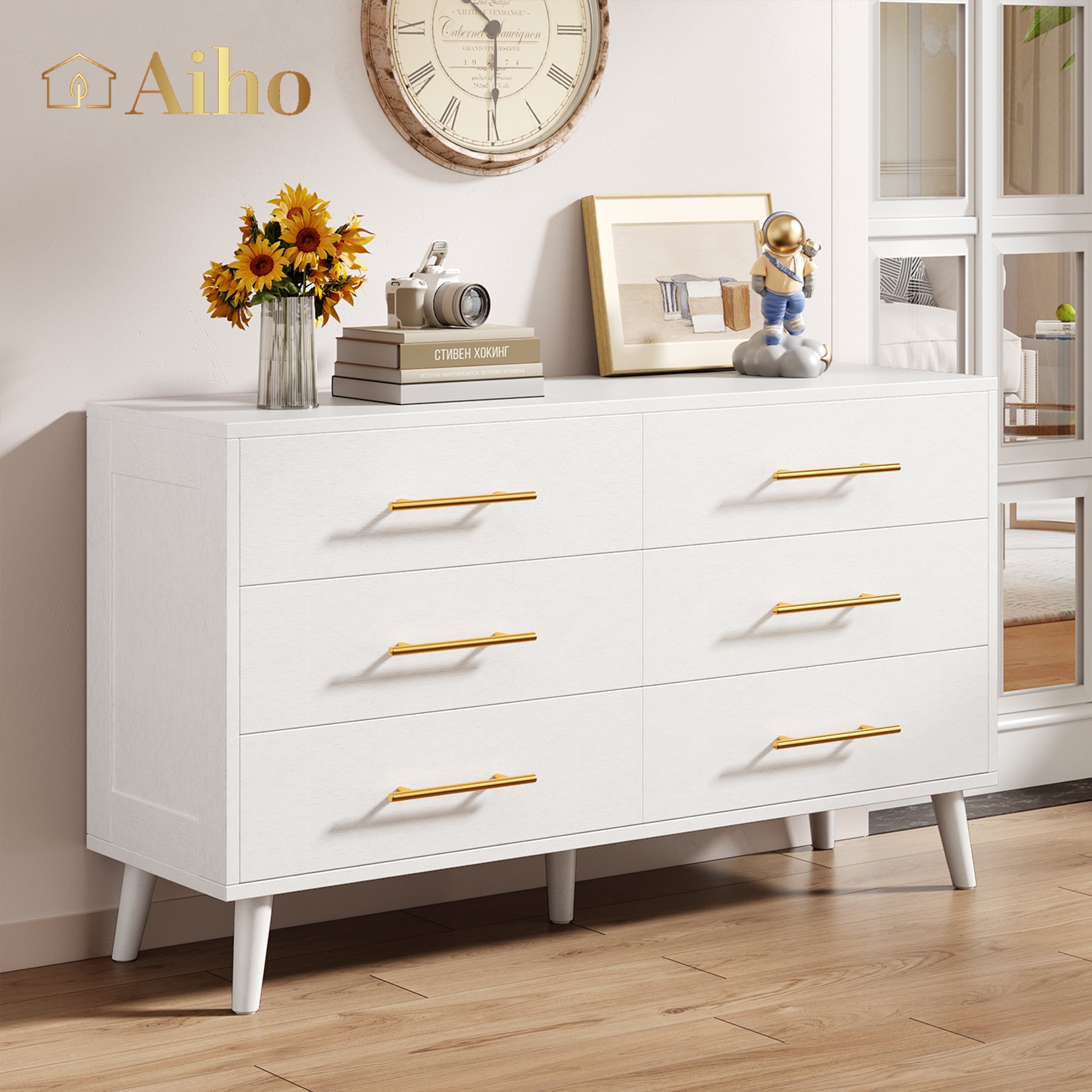 Aiho 6 Drawer Wood Dresser Modern Bedroom Furniture Solid White with Gold Handles Walmart