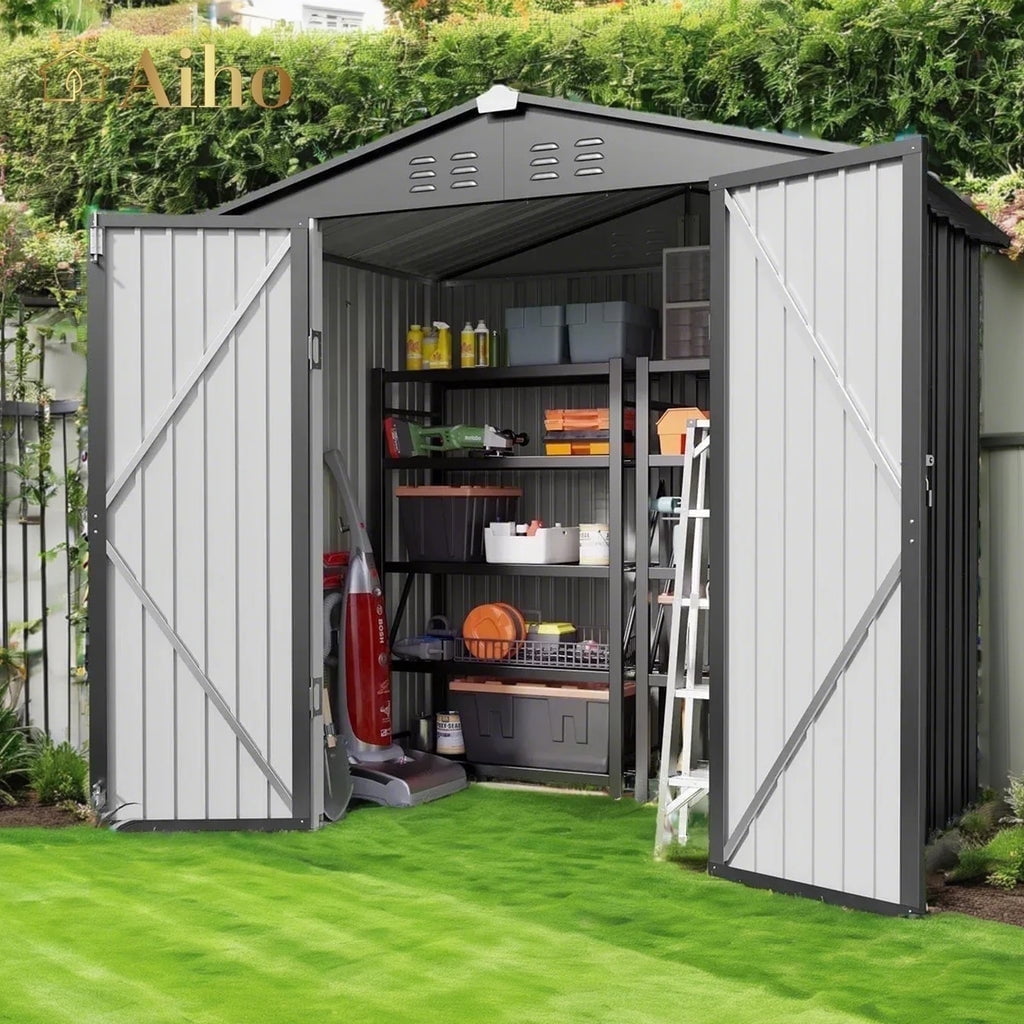 Aiho Galvanized Steel 6'x4' Outdoor Storage Shed with Sliding, Lockable ...