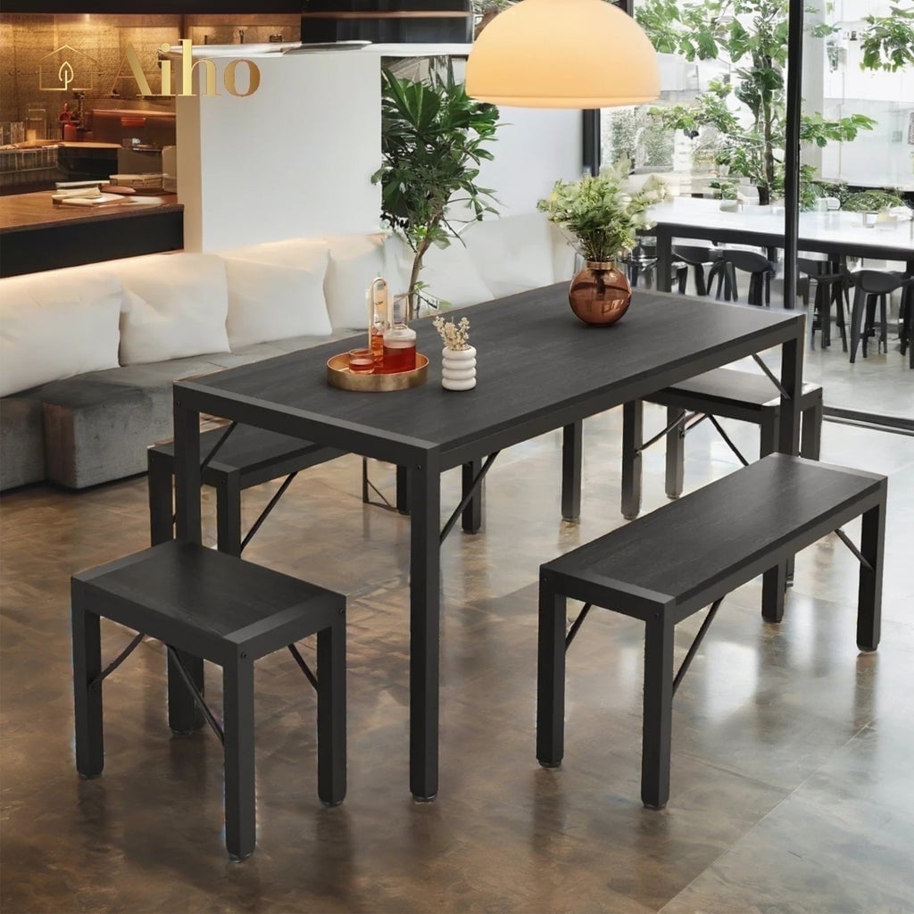 Aiho 63" Dining Table Set for 6, Kitchen Table with 2 Stools & 2 ...