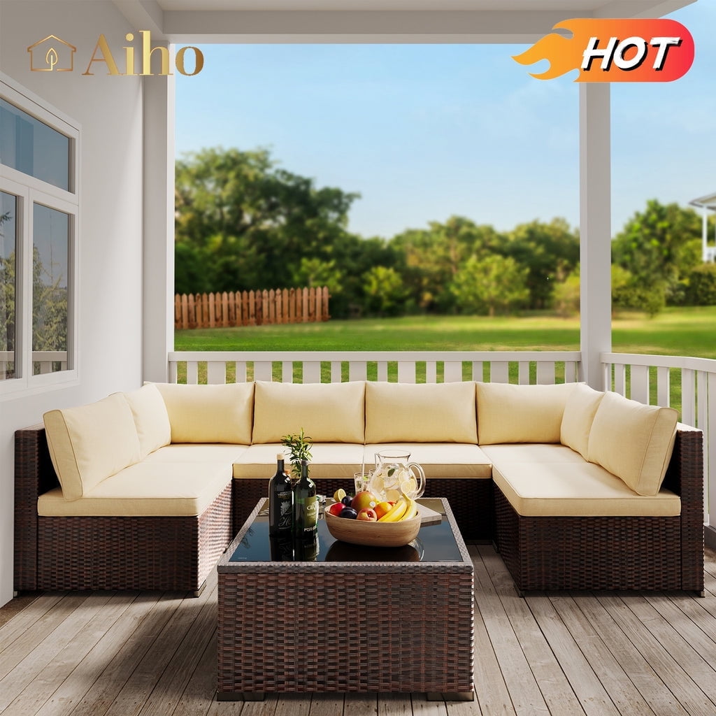 Aiho 7-Piece Modular Outdoor Sectional Wicker Patio Conversation Set ...