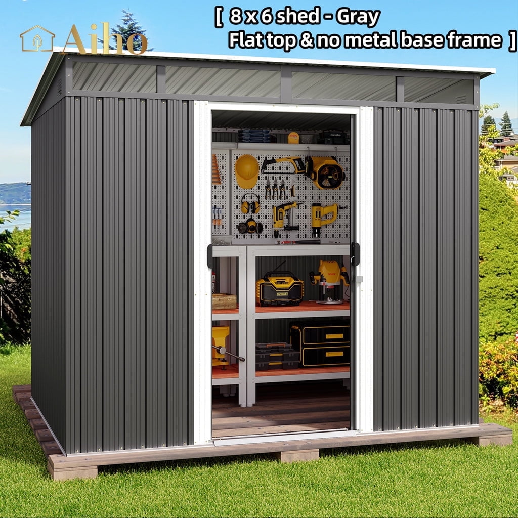 Aiho 8 x 6 FT Outdoor Storage Shed with Sliding Doors & Door Locks ...