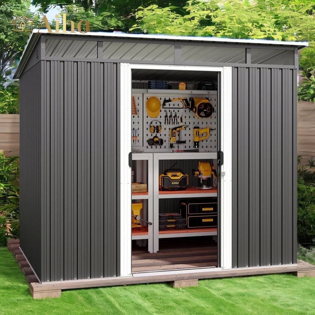 Aiho Galvanized Steel 8x6 FT Outdoor Storage Shed with Sliding Doors ...