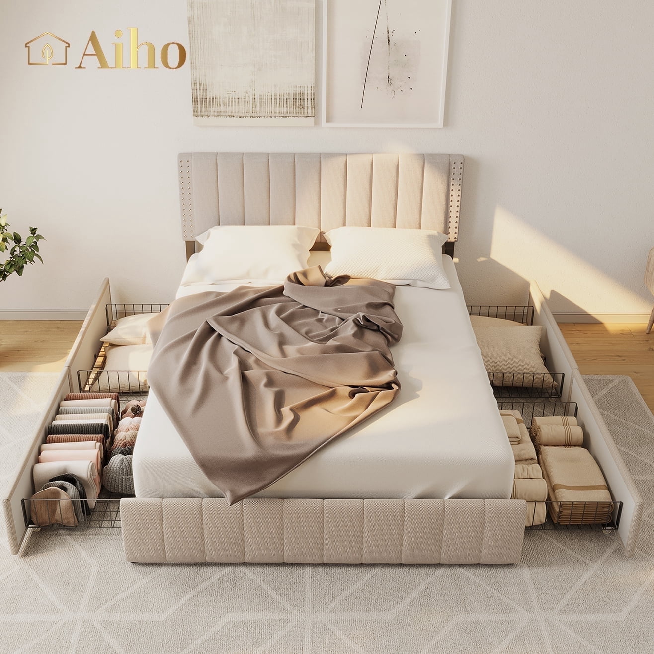 Aiho King Size Bed Frame with Storage Headboard, Sturdy Platform, Light ...