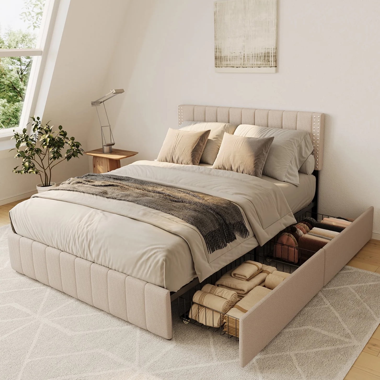 Aiho Beds Frames Full with 4 Storage Drawers for Bedroom, Beige ...