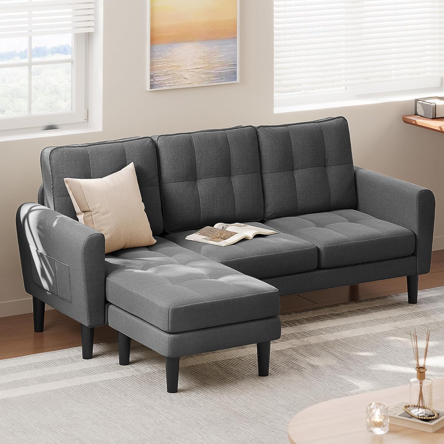 Sobaniilo Convertible Sectional Sofa Couch, Modern Linen Fabric L ...