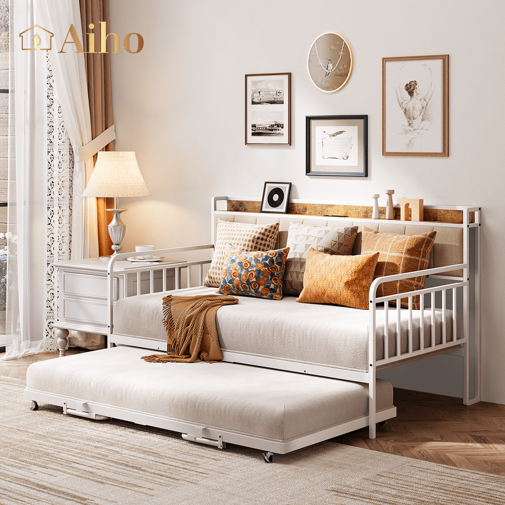 Aiho Daybed with Trundle, Twin Day Bed Frame with Storage Headboard and ...