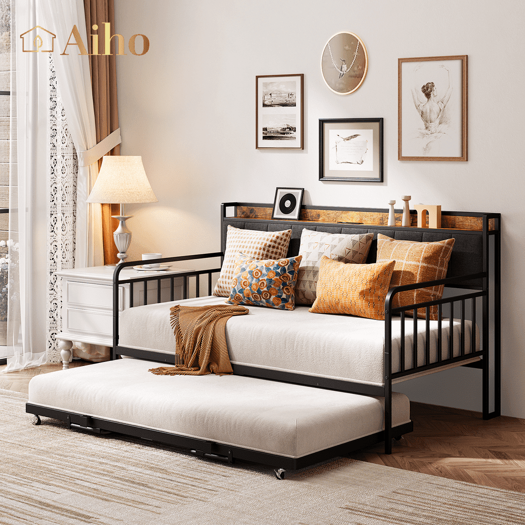 Aiho Twin Daybed with Trundle, Metal Frame, Upholstered Headboard, USB ...