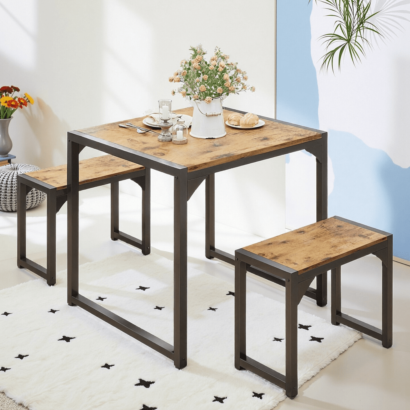 Aiho 25.6" Compact Dining Table Set for 2 w/2 Stools - Space-Saving ...