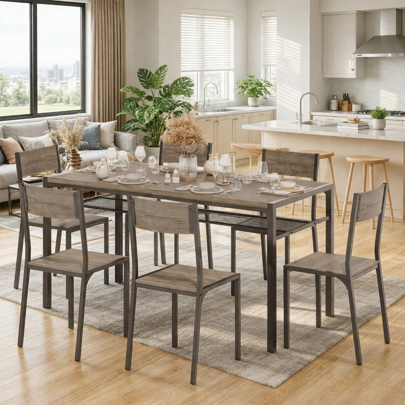Aiho Dining Table Set for 6, 7-Piece Gray Kitchen Table with Chairs ...