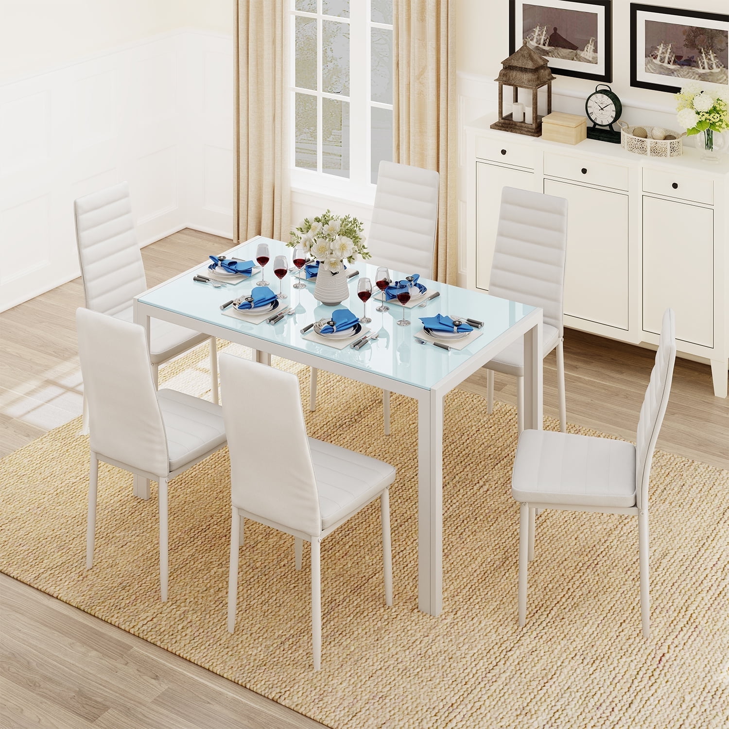 Dining Table Sets Clearance with PU Leather Chairs for 6 - White ...