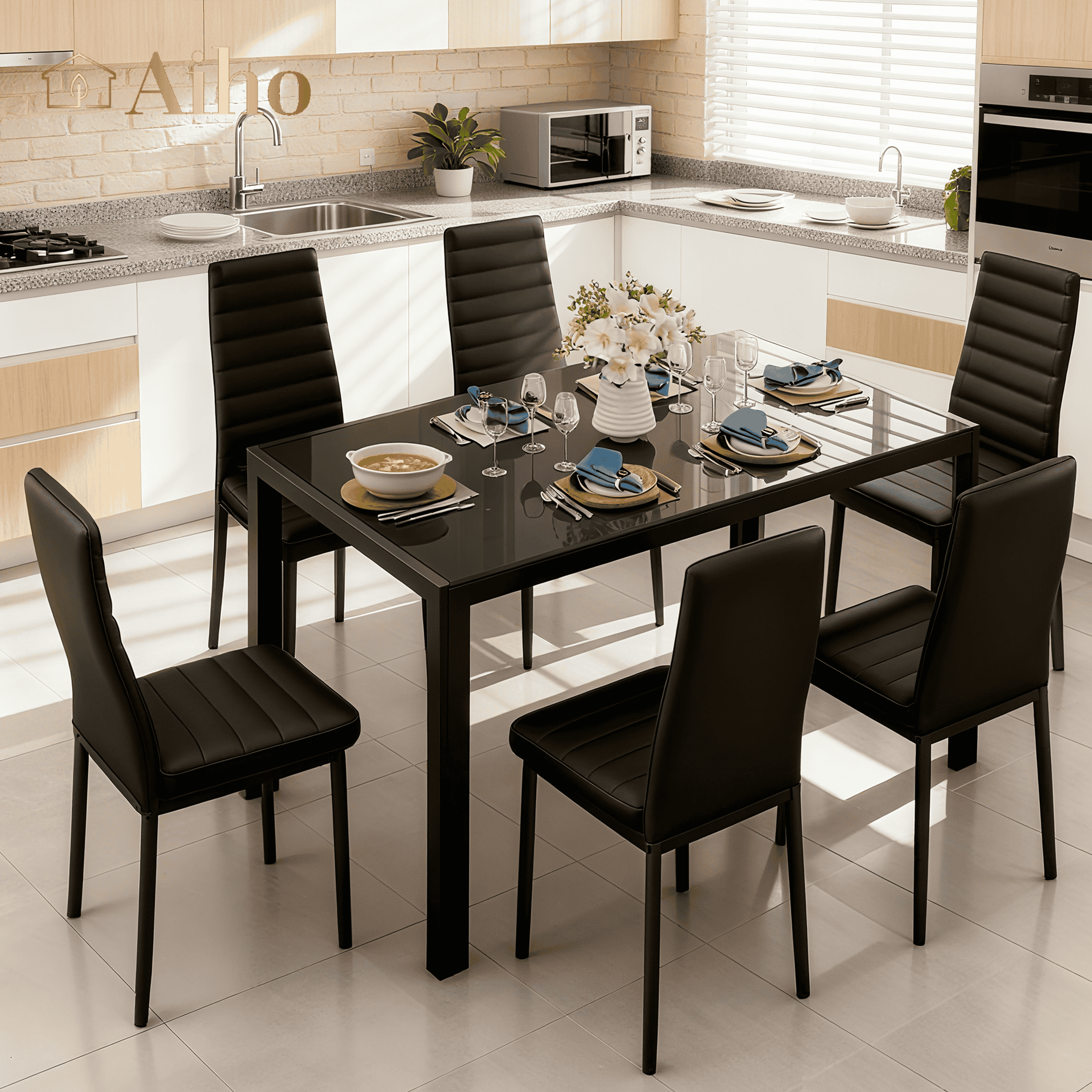 Aiho Dining Table with 6 PU Leather Chairs, Morden Kitchen Table Chairs ...