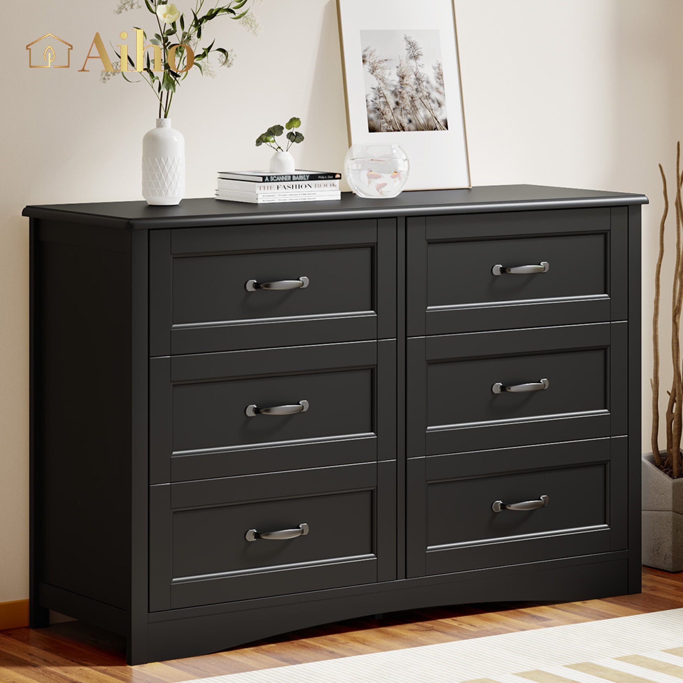 Aiho Dresser Cabinet, 6 Drawer Modern Wood Double Chest - Black ...