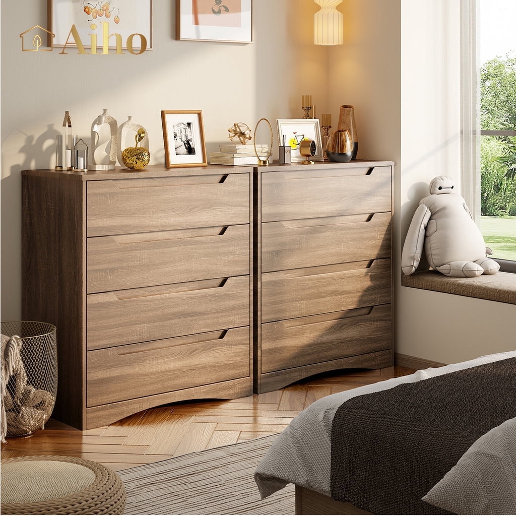 Aiho Dresser with 4 Drawers, Wood Tall Chest, Built-in Handle Drawers ...